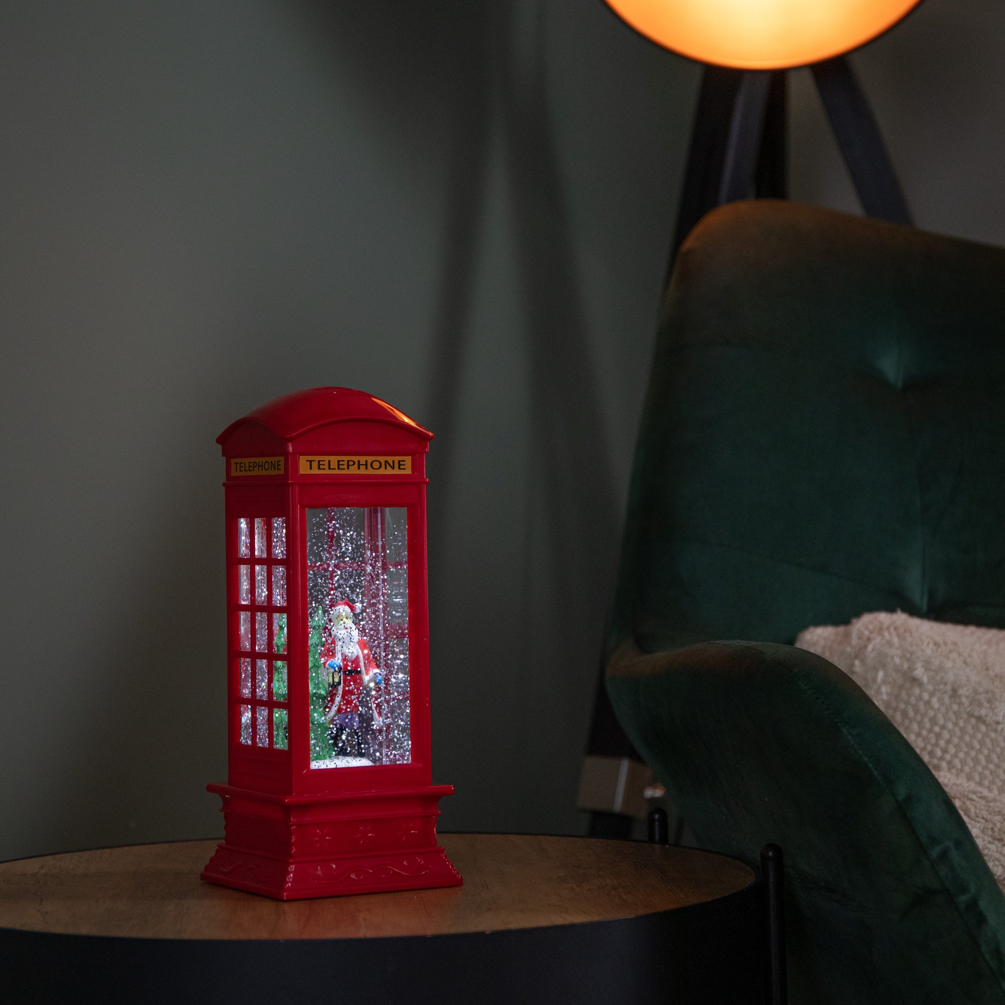 26cm Dual Powered Light up Red Telephone Box Christmas Water Spinner w ...