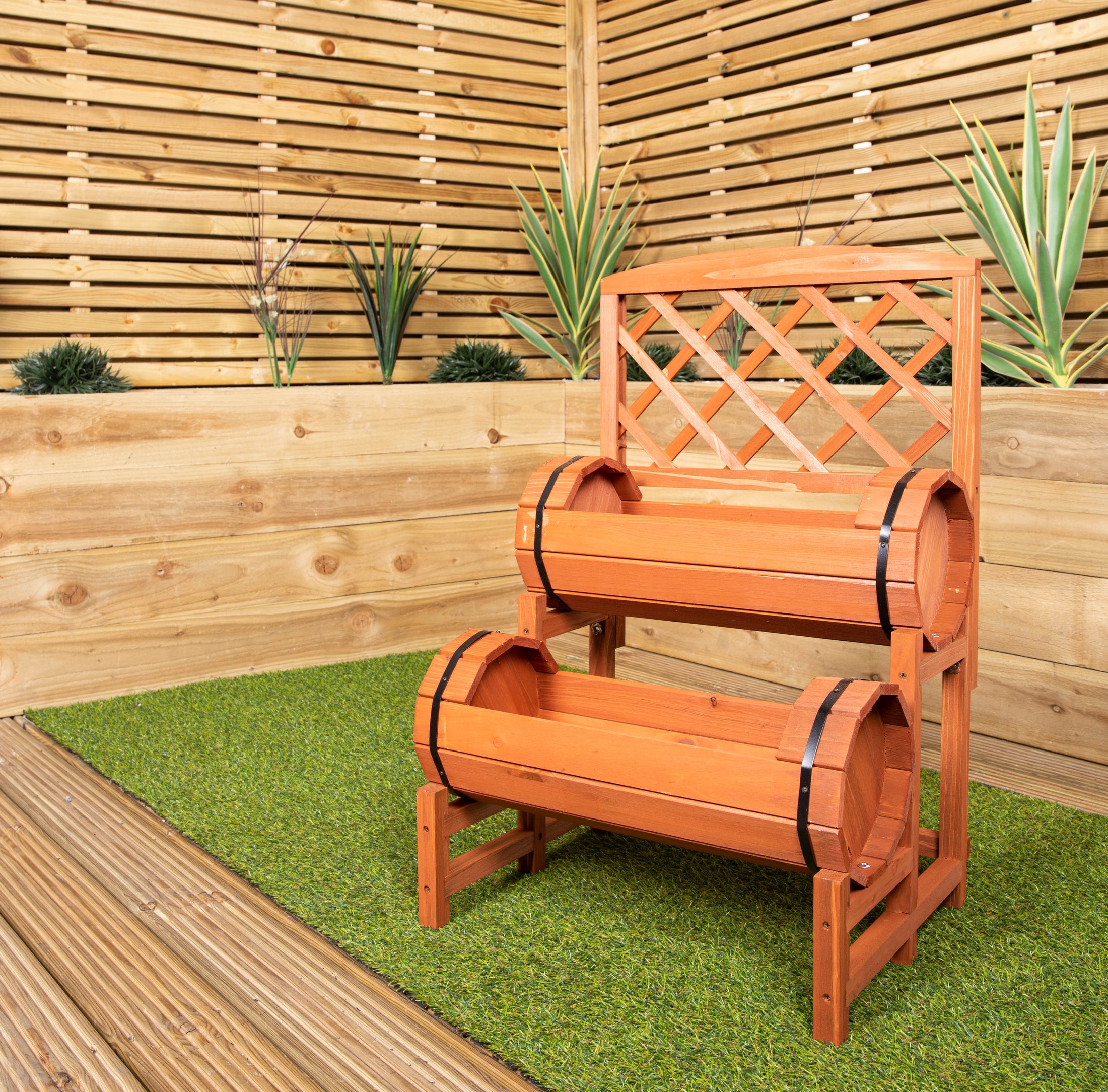 Stained Wooden Two Tiered Designed Barrel Decorative Garden Planter ...