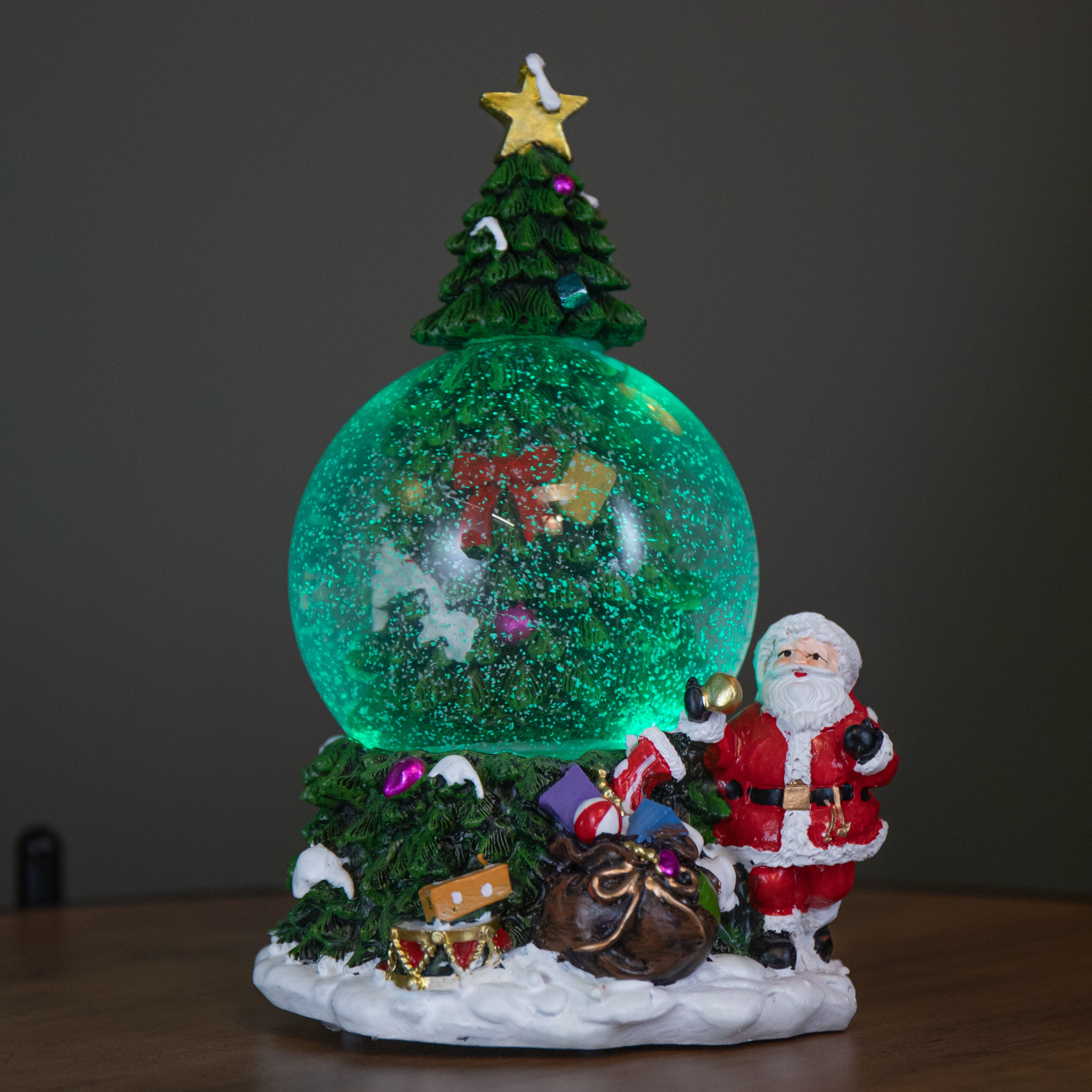10cm Battery Powered Musical Tree Santa Spin Snowsphere with Colour Ch ...