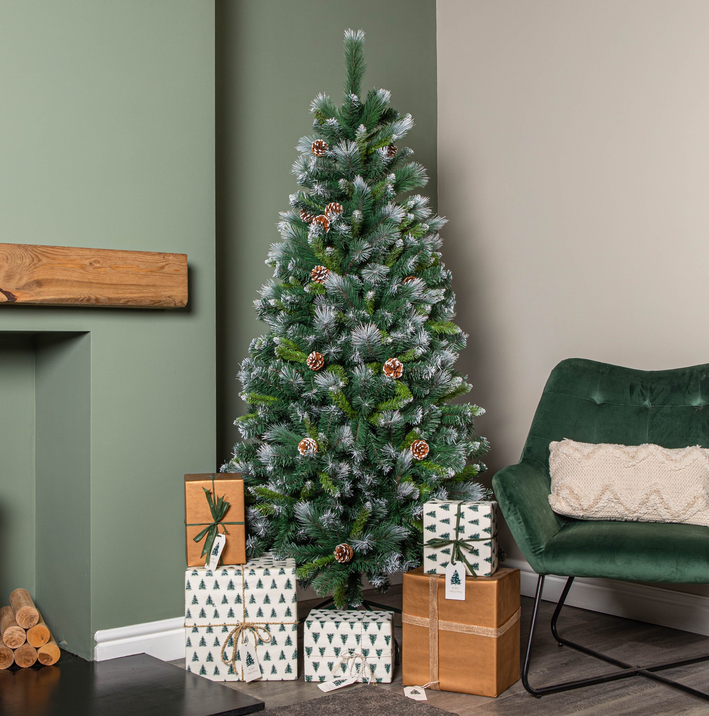 6ft (1.8m) Frosted Glacier Pine Snow Tipped Christmas Tree with Pine C ...