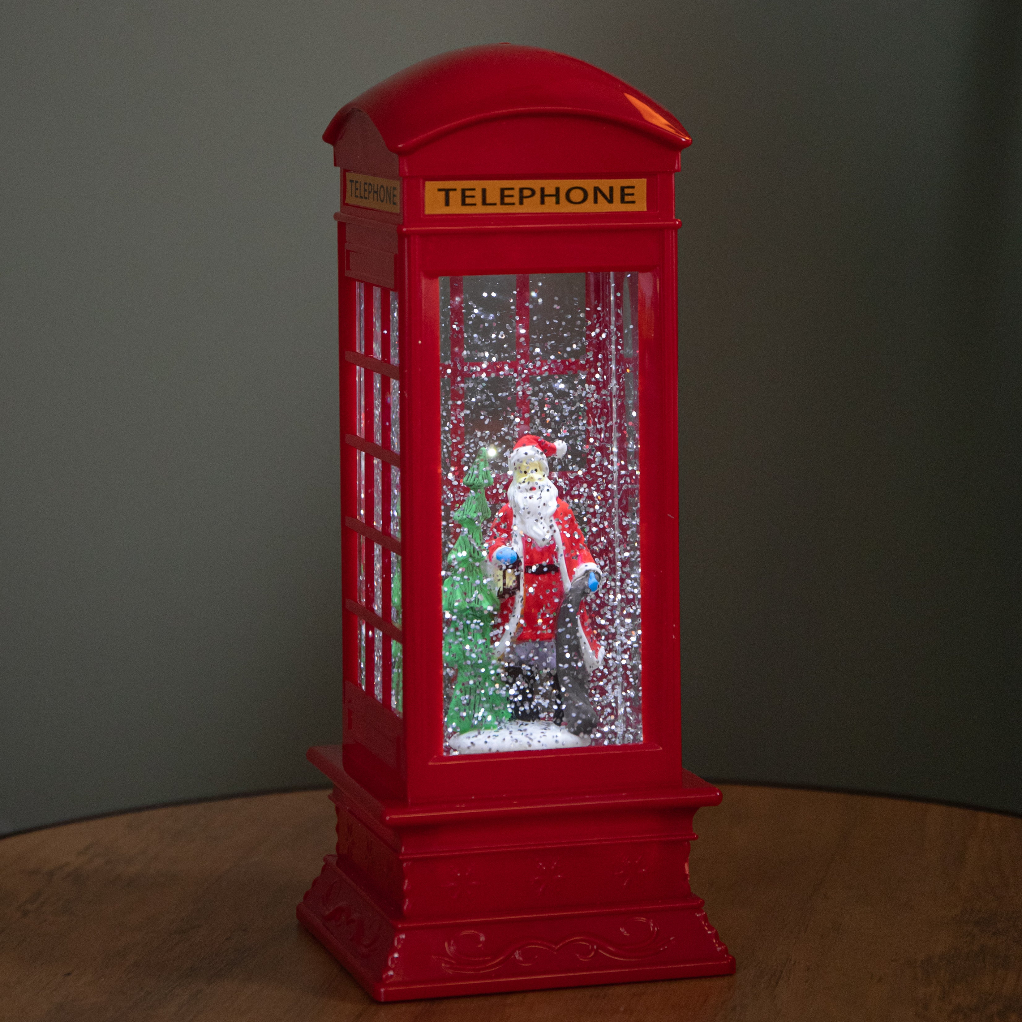 26cm Dual Powered Light up Red Telephone Box Christmas Water Spinner w ...